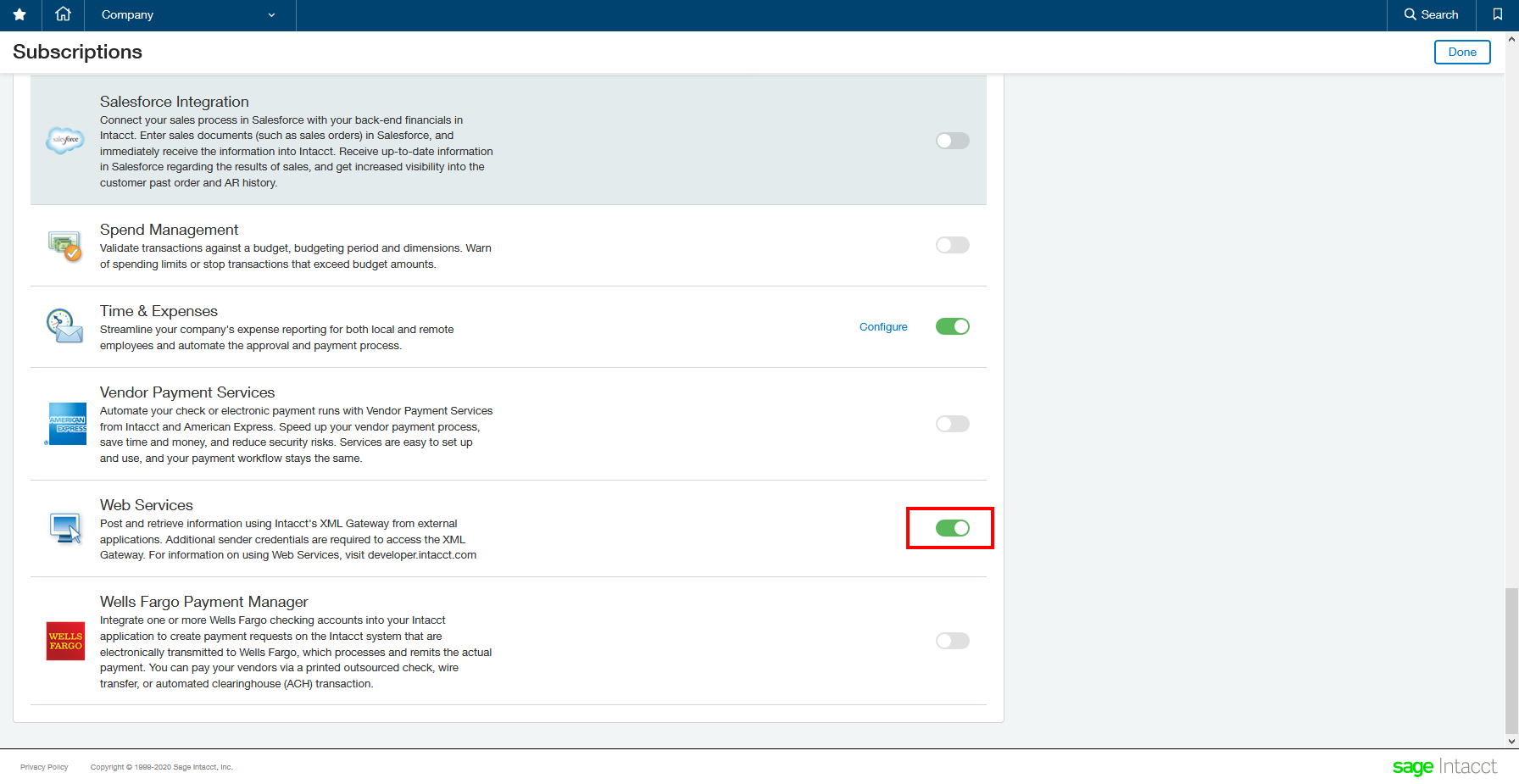 Settings for Sage Intacct