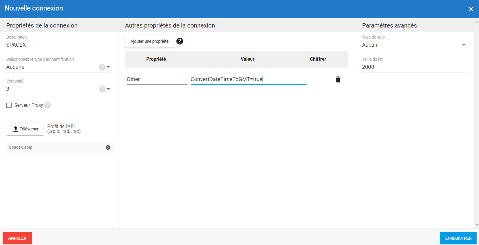 Paramètres pour Custom API