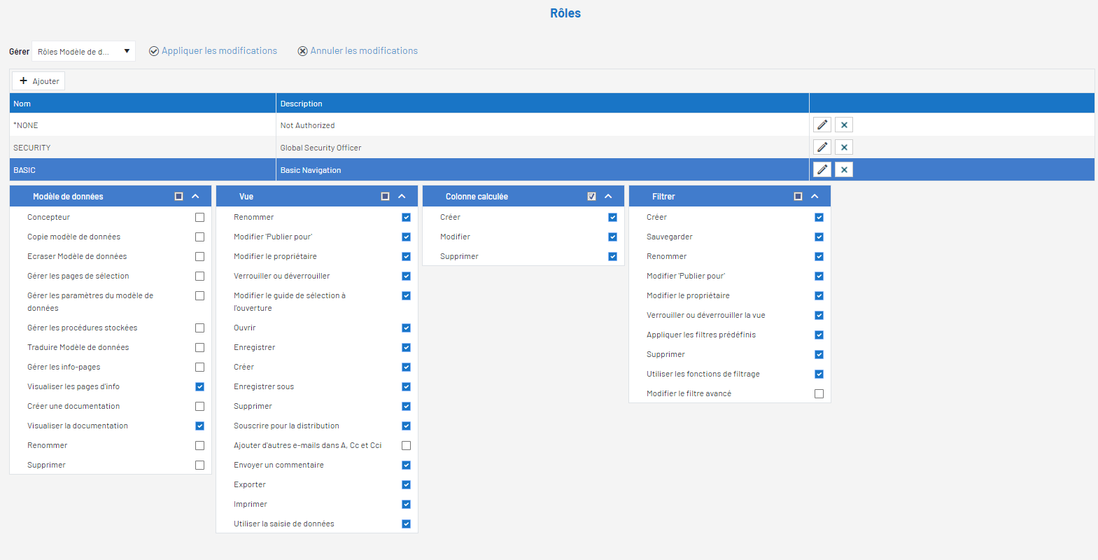 Permissions des rôles
